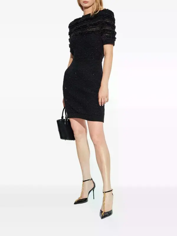 Balmain Textured Sequin Embellished Short Sleeve Dress