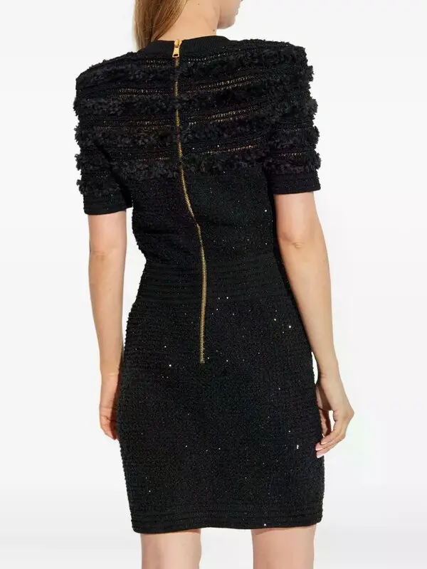 Balmain Textured Sequin Embellished Short Sleeve Dress