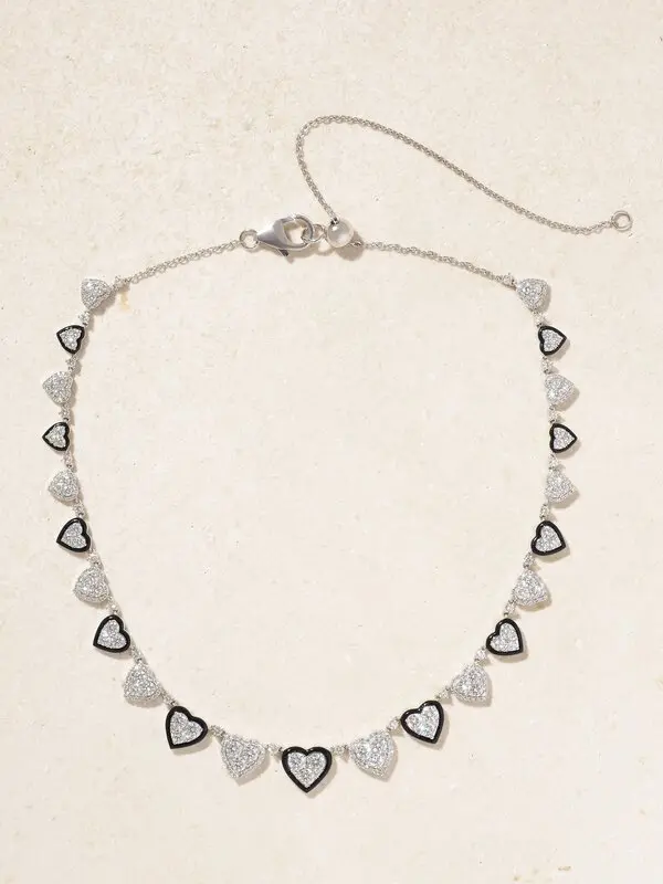 KAMYEN Heart 18-karat White Gold, Diamond, And Enamel Choker