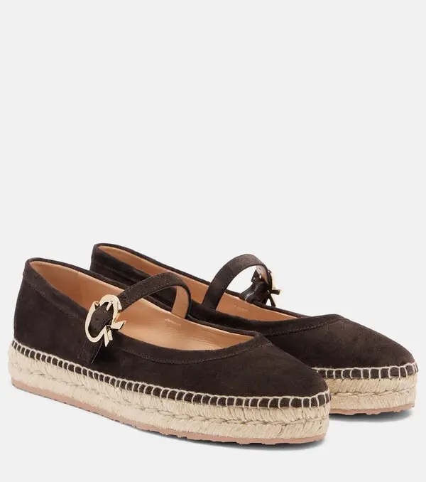 GIANVITO ROSSI Elda Suede Mary Jane Espadrille Flats - Brown