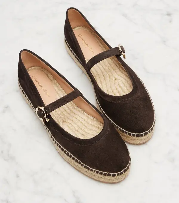 GIANVITO ROSSI Elda Suede Mary Jane Espadrille Flats - Brown