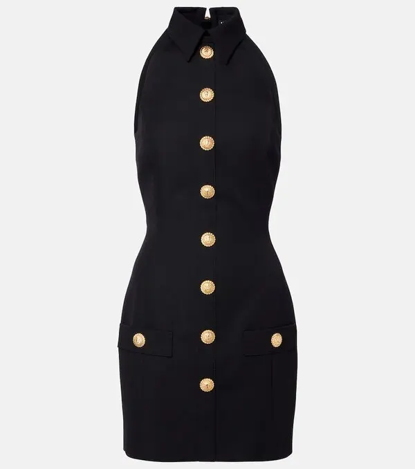 Balmain Halterneck Wool Grain De Poudre Minidress - Black