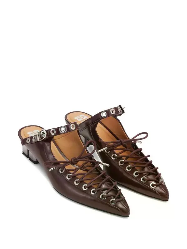 GANNI Eyelet Detail Lace-up Mules - Brown