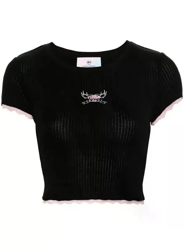 CHIARA FERRAGNI Ribbed Punk Logo Print Cropped Top - Black