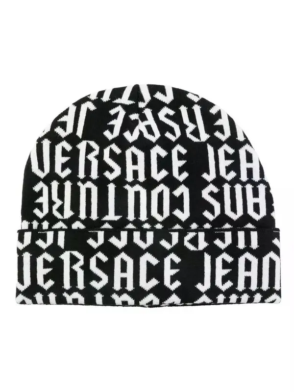 Versace Logo Jacquard Beanie Hat - Black