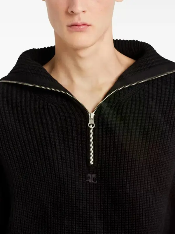 COURREGES Ribbed Knit Zip Neck Sweater