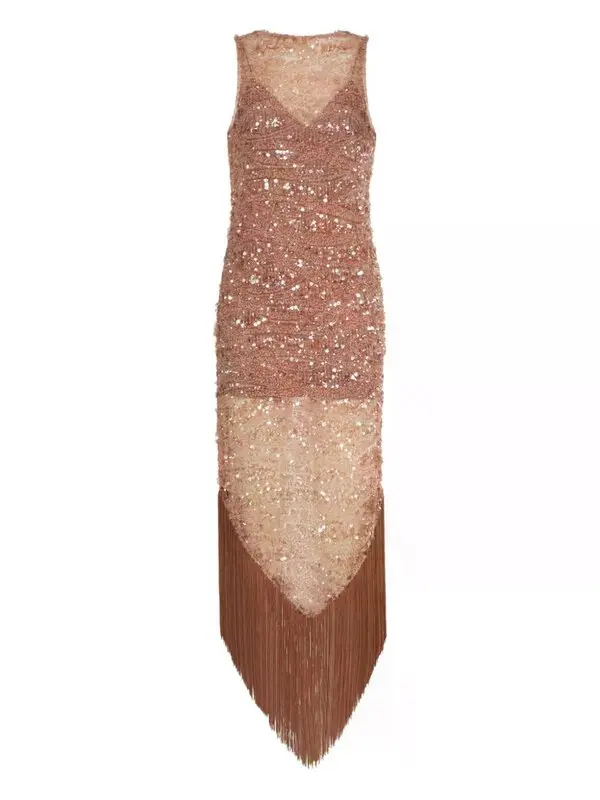 TALLER MARMO Taormina Sequined Fringe Maxi Dress - Pink