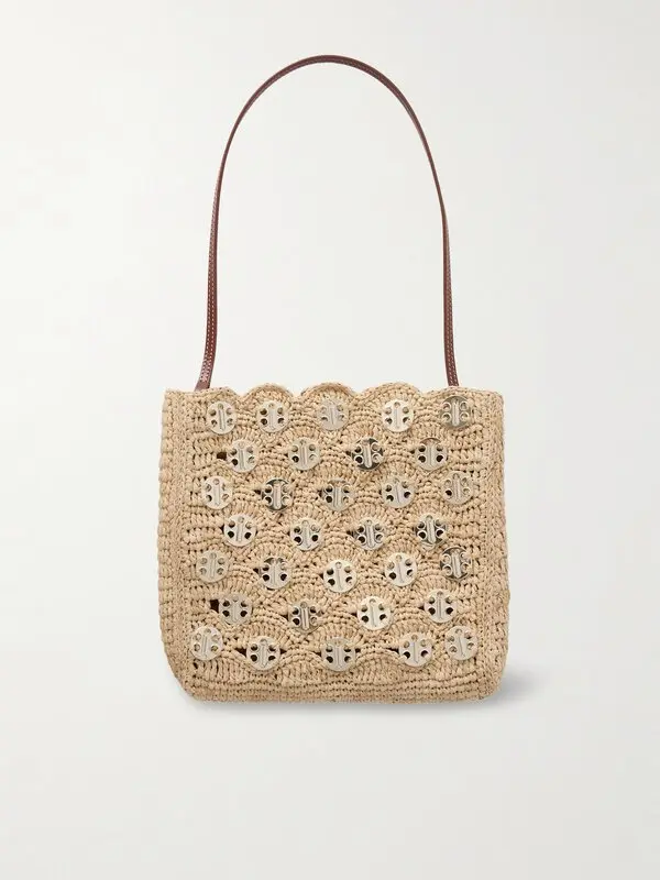 Rabanne Leather-trimmed Embellished Woven Raffia Shoulder Bag - Neutrals