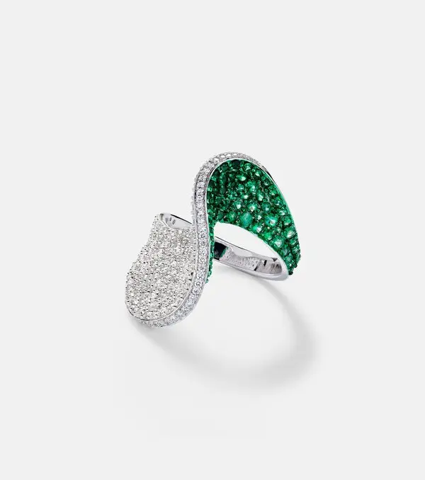 KAMYEN 18kt White Gold Ring With Diamonds And Emeralds - Silver