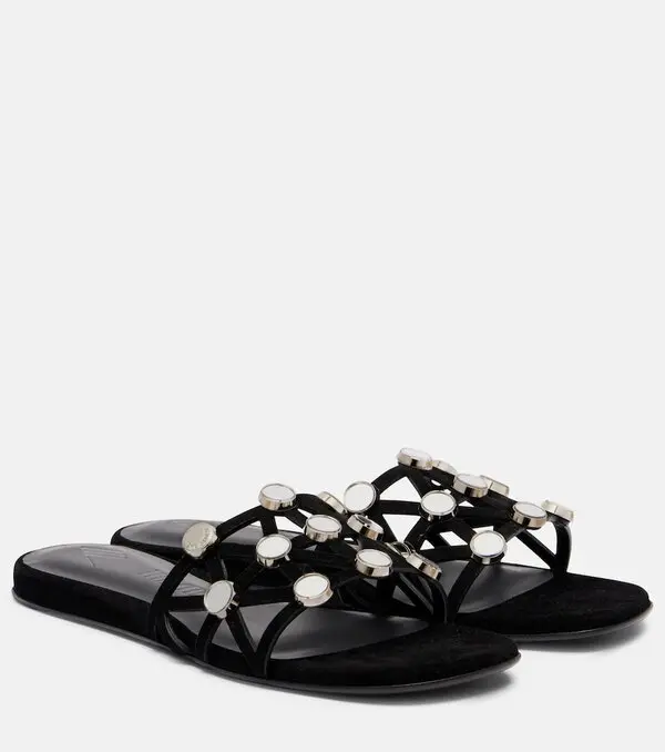 Attico Embellished Suede Flat Sandals - Black