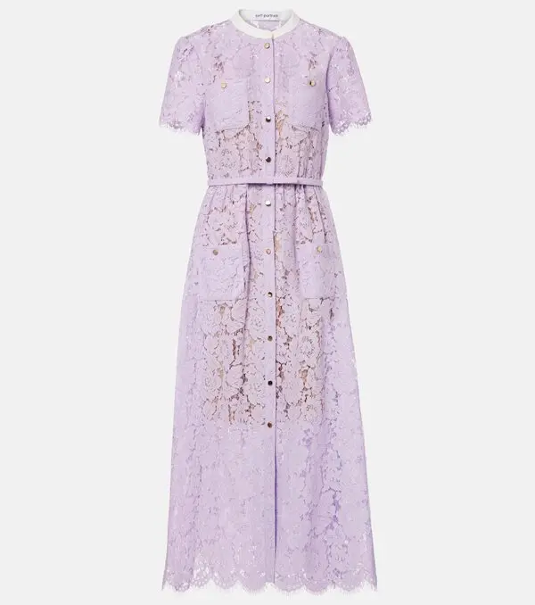 SELF-PORTRAIT Belted Lace Midi Dress - Purple