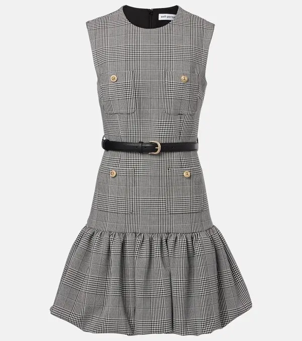 SELF-PORTRAIT Belted Prince Of Wales Check Mini Dress - Grey