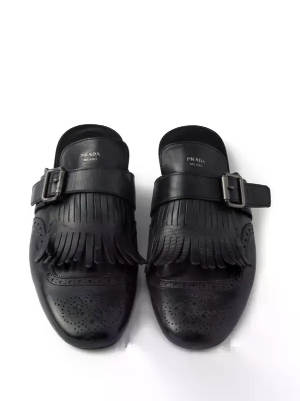 Prada Shuffle Fringed Leather Mules - Black