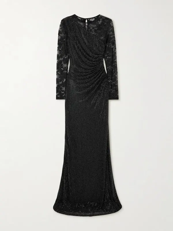 SELF-PORTRAIT Lace-trimmed Crystal-embellished Jersey Gown - Black