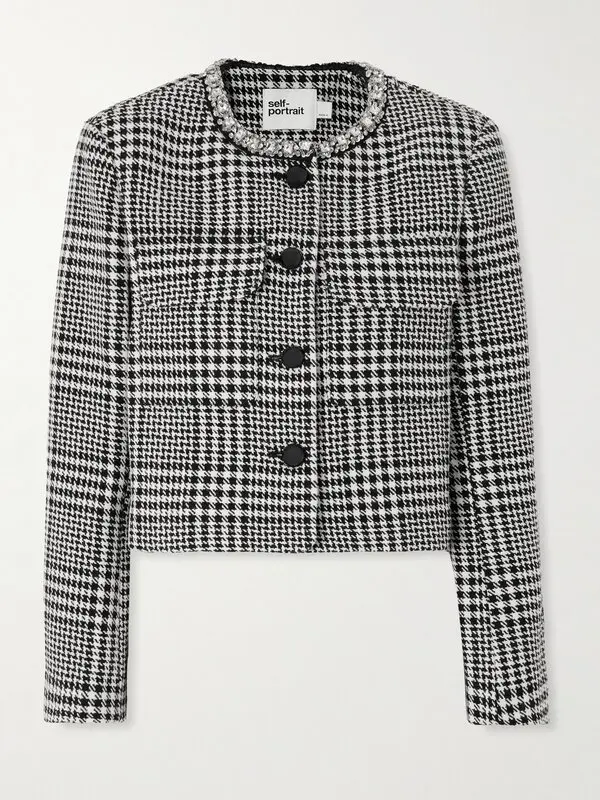 SELF-PORTRAIT Crystal-embellished Houndstooth Blazer - Gray