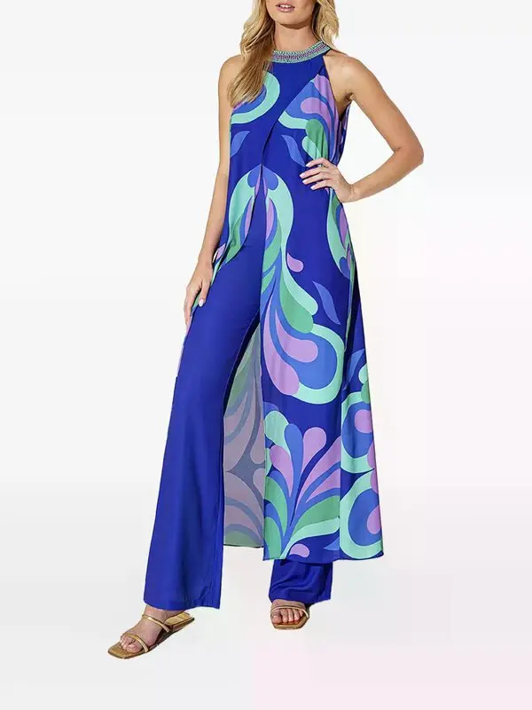 ALLURE Sleeveless High Neck Beaded Print Top