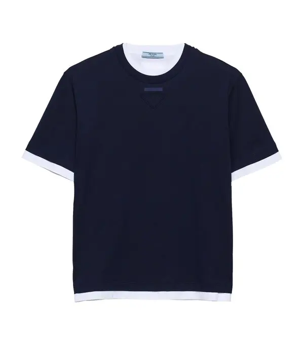 Prada Cotton T-shirt With Layered Effect And Logo Detail - Blue