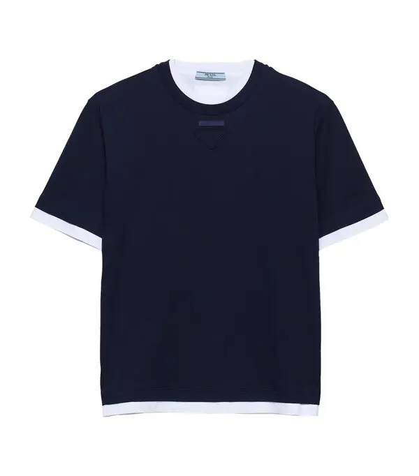 Prada Cotton T-shirt With Layered Effect And Logo Detail - Blue