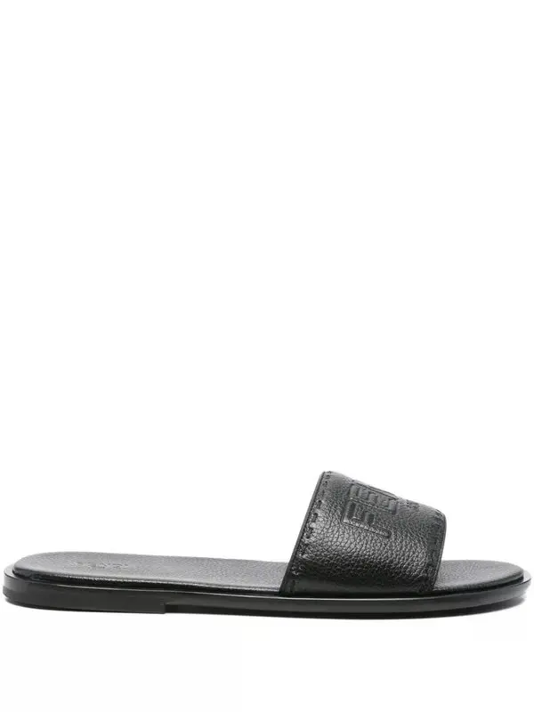 Fendi Roma Embossed Logo Leather Slip-on Sandals - Black
