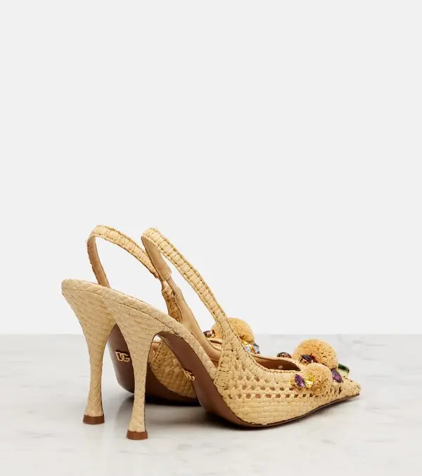 Dolce & Gabbana Embellished Raffia-effect Slingback Pumps