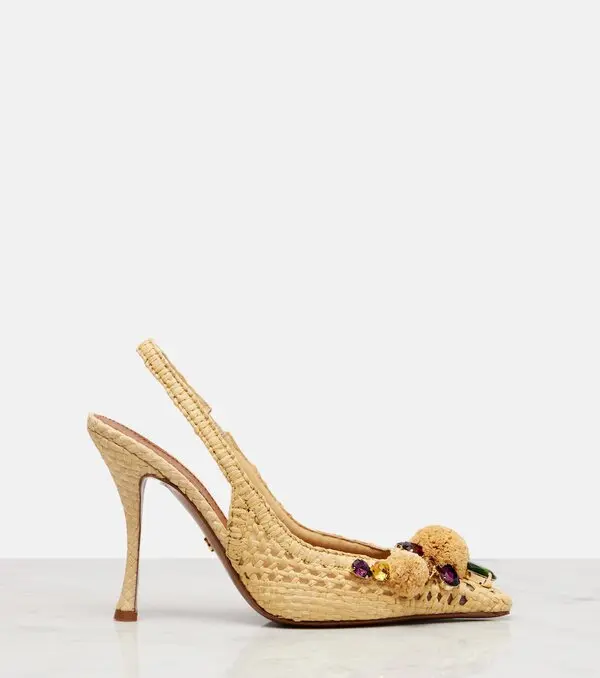 Dolce & Gabbana Embellished Raffia-effect Slingback Pumps