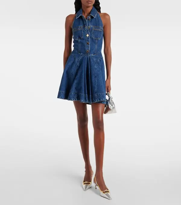 SELF-PORTRAIT Flared Denim Midi Dress