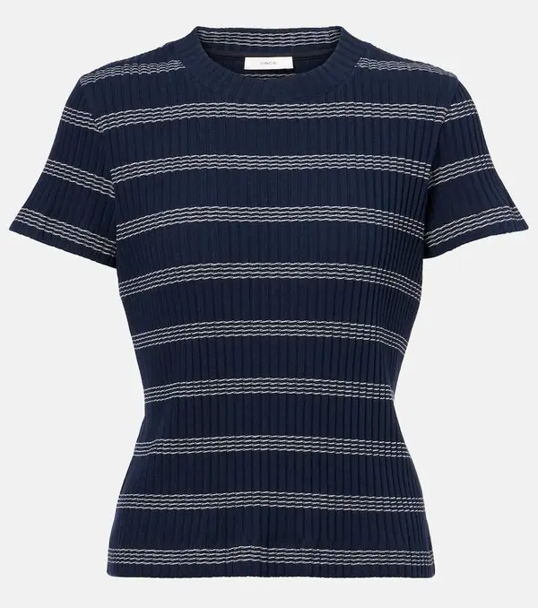 Vince Ribbed Knit Striped Cotton-blend T-shirt - Blue