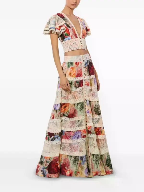 Alice + Olivia Keeley Floral-print Blouse With Ruffled Sleeves And Lace Trim - Neutrals