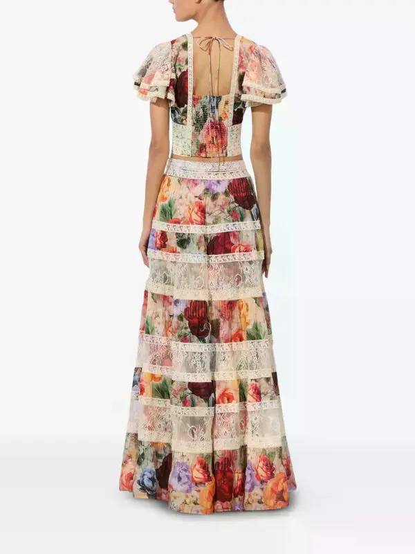 Alice + Olivia Keeley Floral-print Blouse With Ruffled Sleeves And Lace Trim - Neutrals