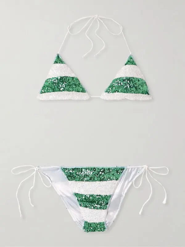 Oseree Lumière Candy Striped Sequined Bikini - Green