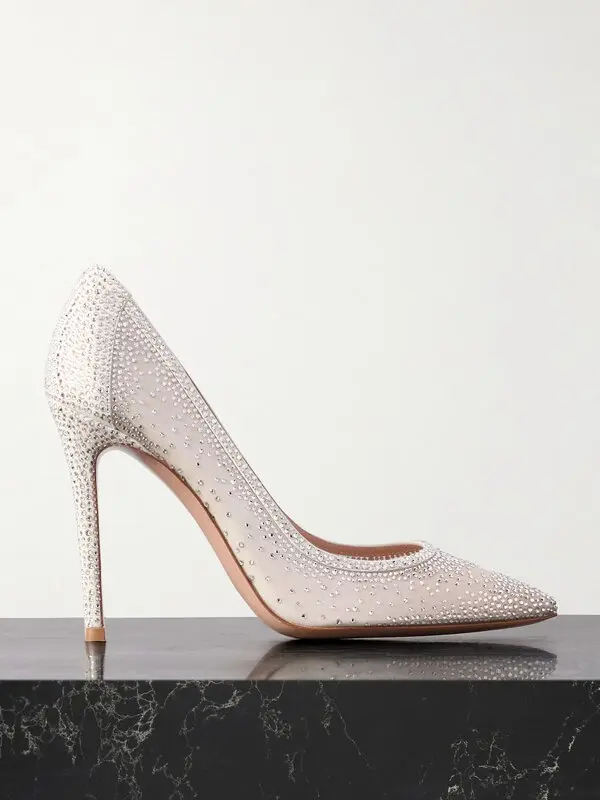 GIANVITO ROSSI Rania 105 Crystal Embellished Suede Trimmed Organza Pumps - Neutrals