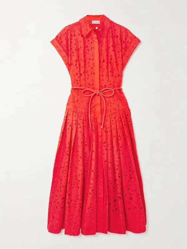 Rebecca Vallance Blaire Belted Guipure Lace Cotton Midi Shirt Dress - Orange