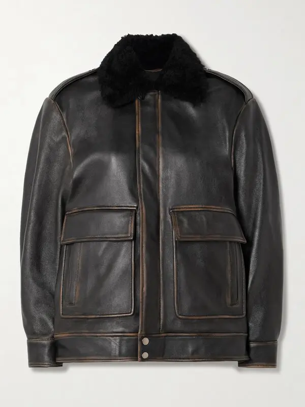 Nour Hammour Drey Distressed Shearling-trimmed Leather Jacket - Black