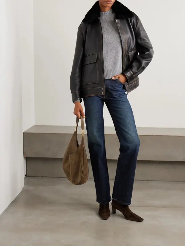 Nour Hammour Drey Distressed Shearling-trimmed Leather Jacket