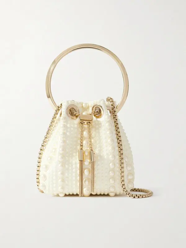 JIMMY CHOO Bon Bon Micro Embellished Satin Bucket Bag - Neutrals
