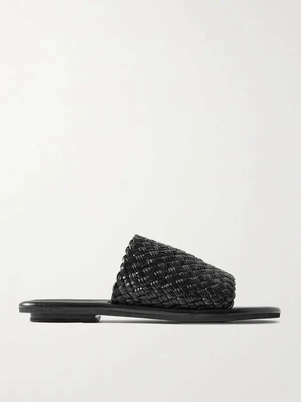 ST. AGNI Woven Leather Flat Sandals - Black