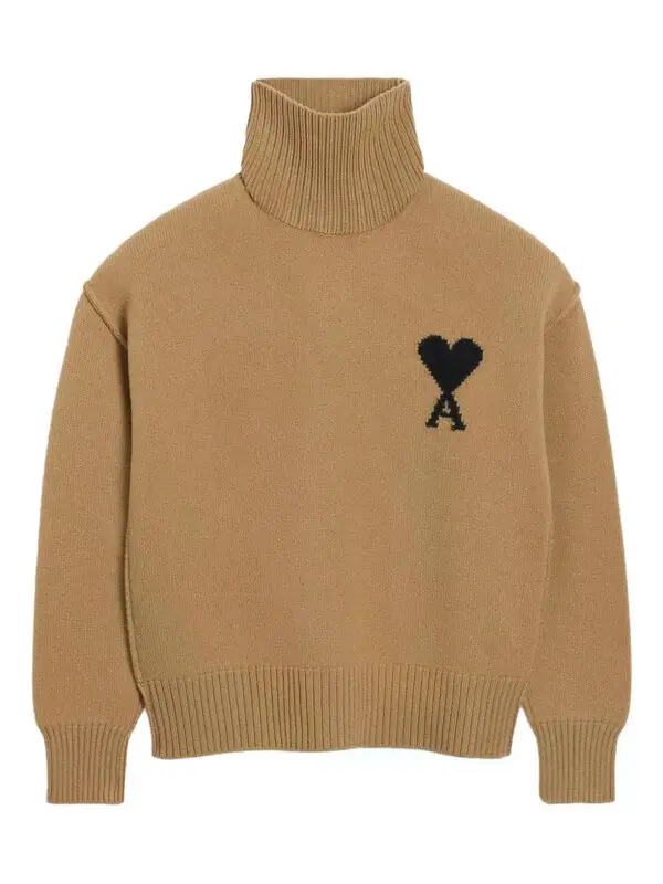 AMI Paris De Coeur Funnel Neck Sweater - Brown