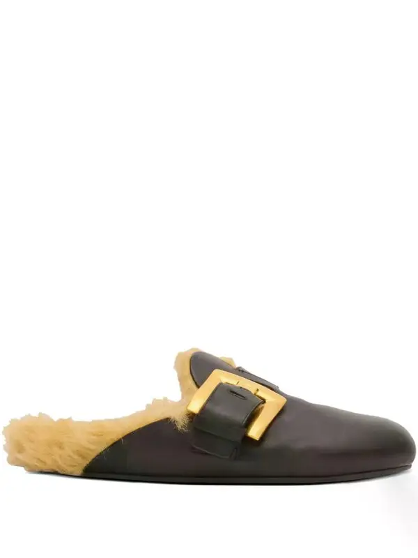 Balmain Flat Leather And Faux Fur Mules