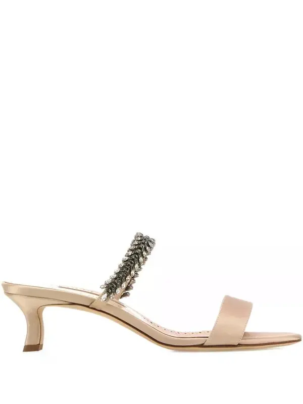 Manolo Blahnik 50mm Beaded Satin Sandals - Neutrals