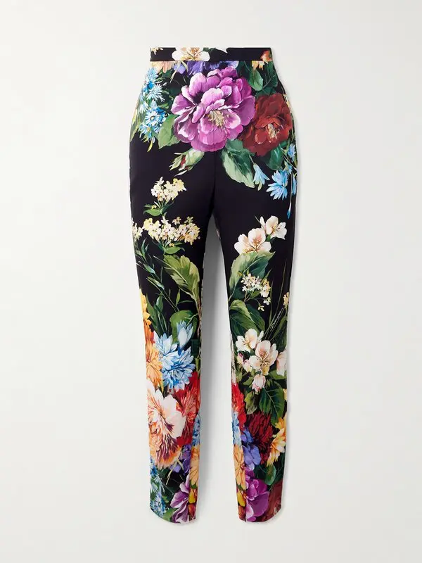 Dolce & Gabbana Floral-print Silk-blend Charmeuse Skinny Pants - Black