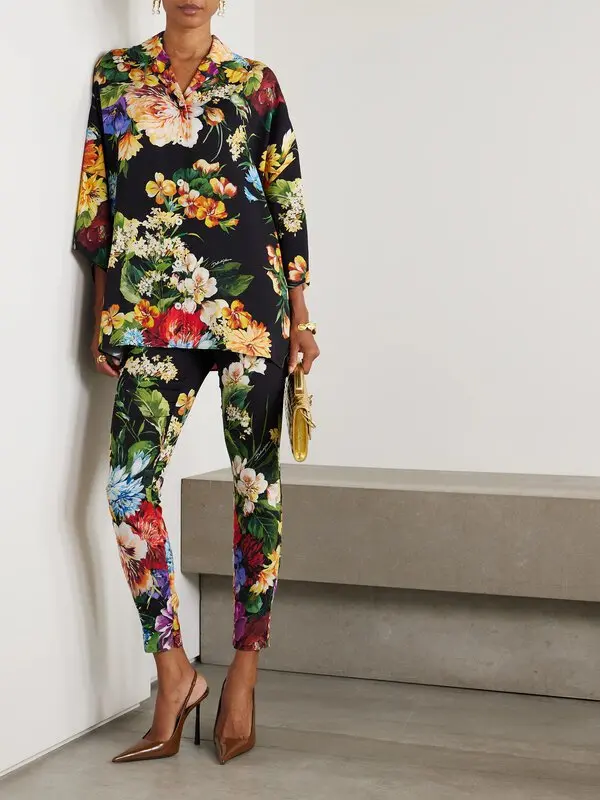 Dolce & Gabbana Floral-print Silk-blend Charmeuse Skinny Pants