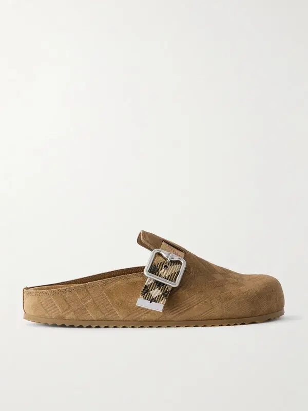 Burberry Urchin Suede Clogs With Checked Straps - Neutrals