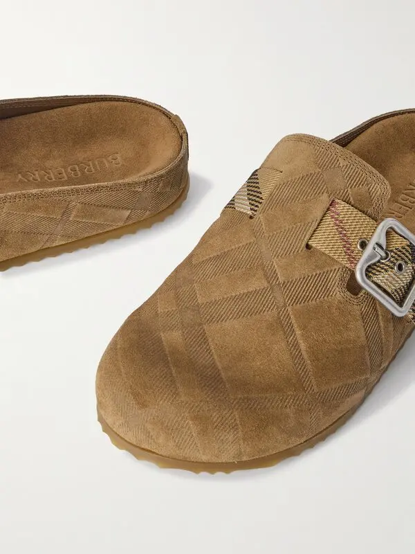 Burberry Urchin Suede Clogs With Checked Straps - Neutrals
