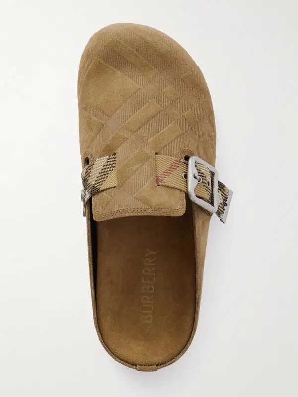 Burberry Urchin Suede Clogs With Checked Straps - Neutrals