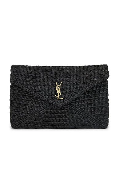Saint Laurent Large Envelope Pouch In Raffia - Nero