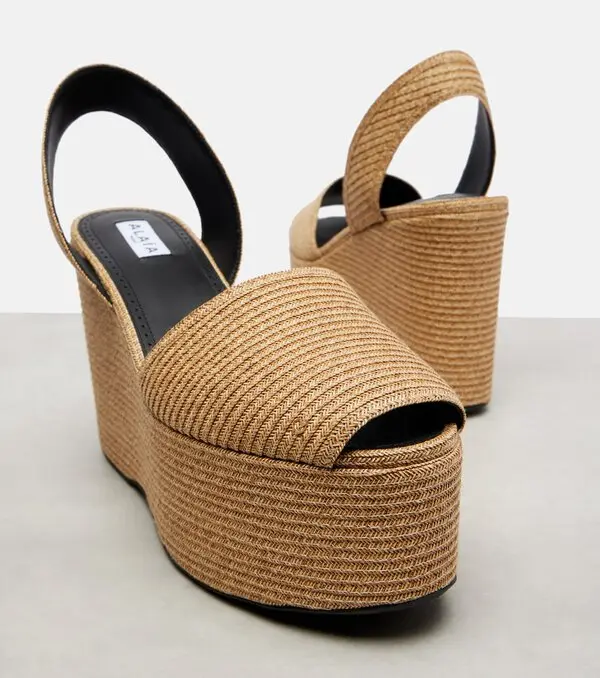 Alaïa Straw Wedge Sandals - Beige