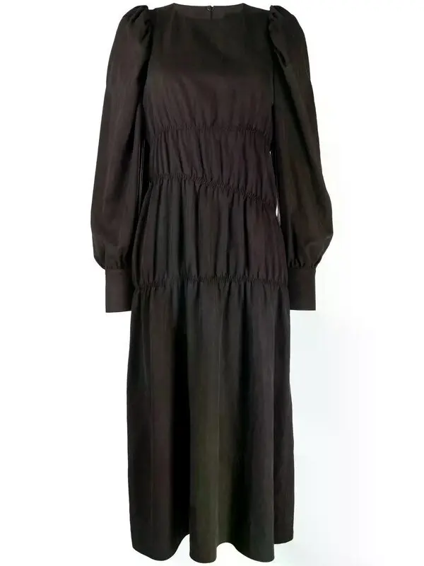 Goen.j Ruched Puff Sleeve Midi Dress - Brown