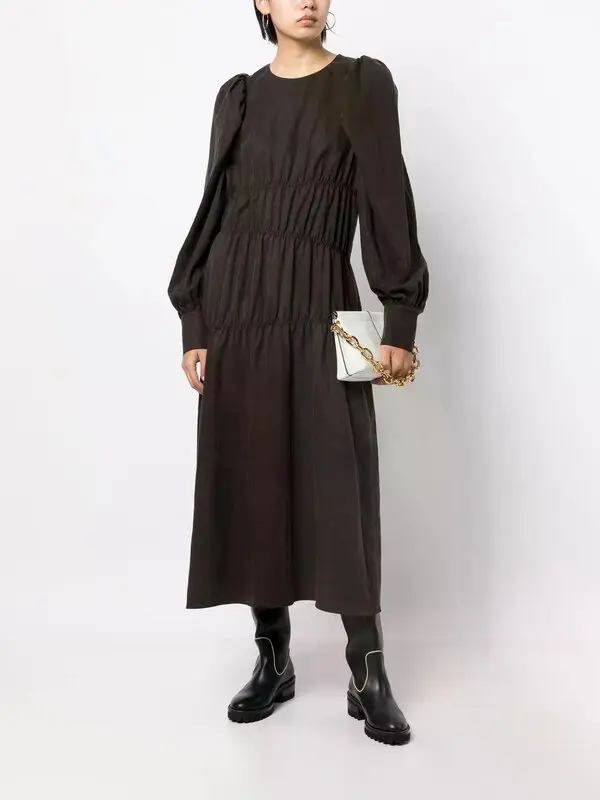 Goen.j Ruched Puff Sleeve Midi Dress - Brown