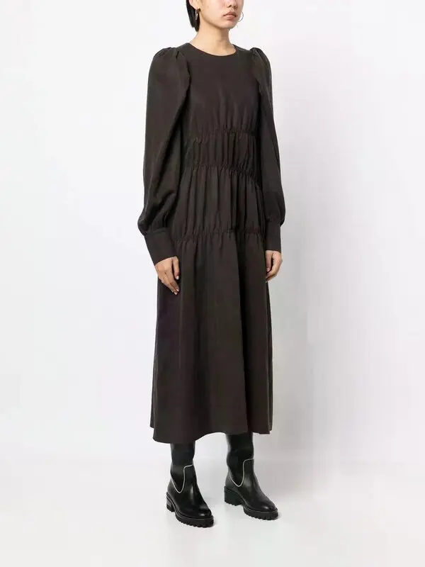 Goen.j Ruched Puff Sleeve Midi Dress - Brown