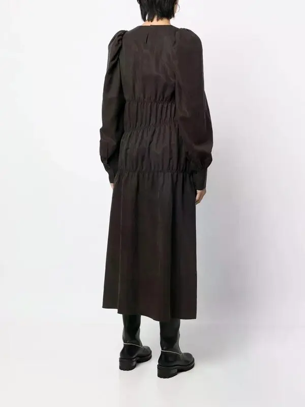 Goen.j Ruched Puff Sleeve Midi Dress - Brown